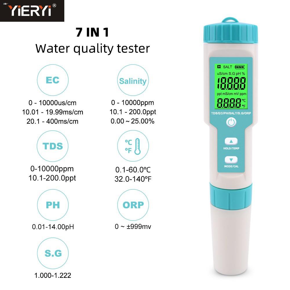 เครื่องวัดคุณภาพน้ำแบบปากกา PH Meter 7 in 1 PH/TDS/EC/ORP/ความเค็ม /S. G/Temperature Meter C ...
